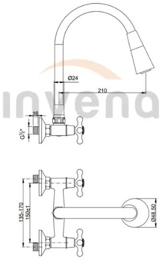 Invena Roma, nástěnná baterie s elastickým ramenem 150mm, černá-chromová, INV-BC-24-E4S-L