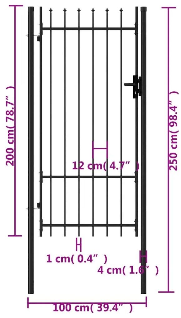 vidaXL Marketos Plotová branka Boxtel jednokřídlé dveře s hroty nahoře ocel 1x2 m černá