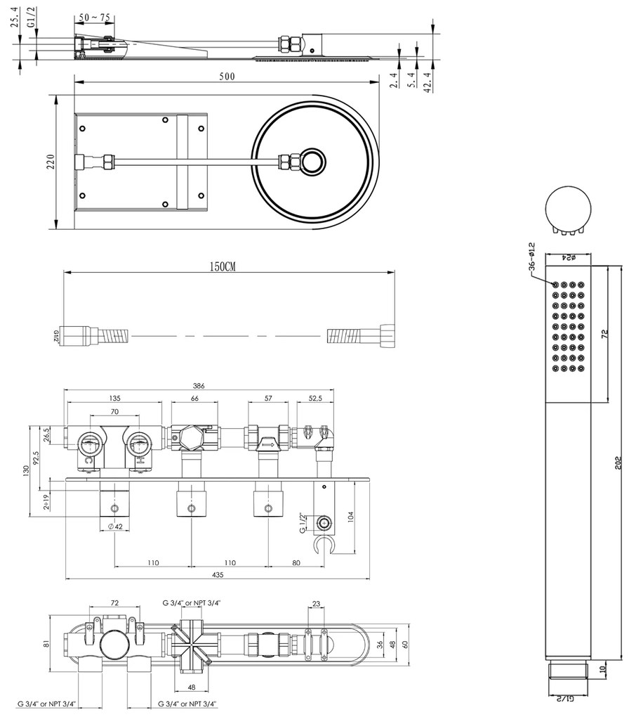 Sapho, Podomítkový sprchový set s termostatickou baterií a držákem ruční sprchy, 2 výstupy, kulatá, chrom, MB623-01
