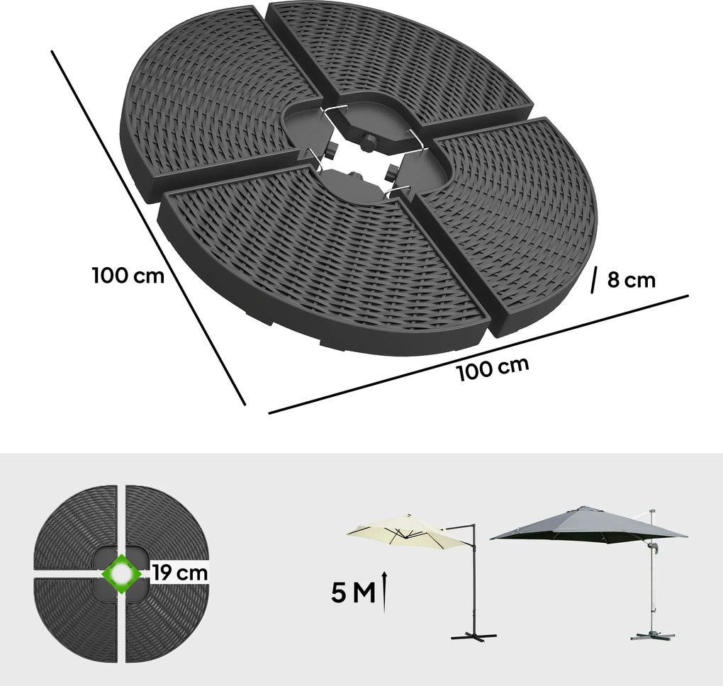 Outsunny Hmotnost slunečníku Hmotnost slunečníku pro konzolový slunečník 52 kg voda nebo 68 kg písek odolný proti povětrnostním vlivům HDPE |