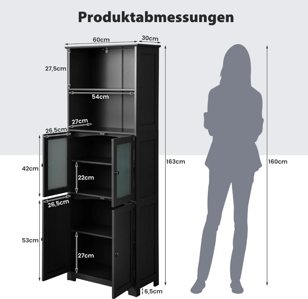 Costway Koupelnová skříňka se skleněnými dvířky 2 otevřenými přihrádkami