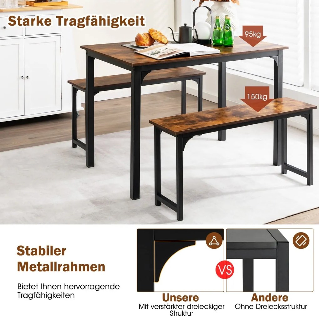 Costway Jídelní stůl se 2 lavicemi sada jídelních sestav 3 pro 4 osoby káva +