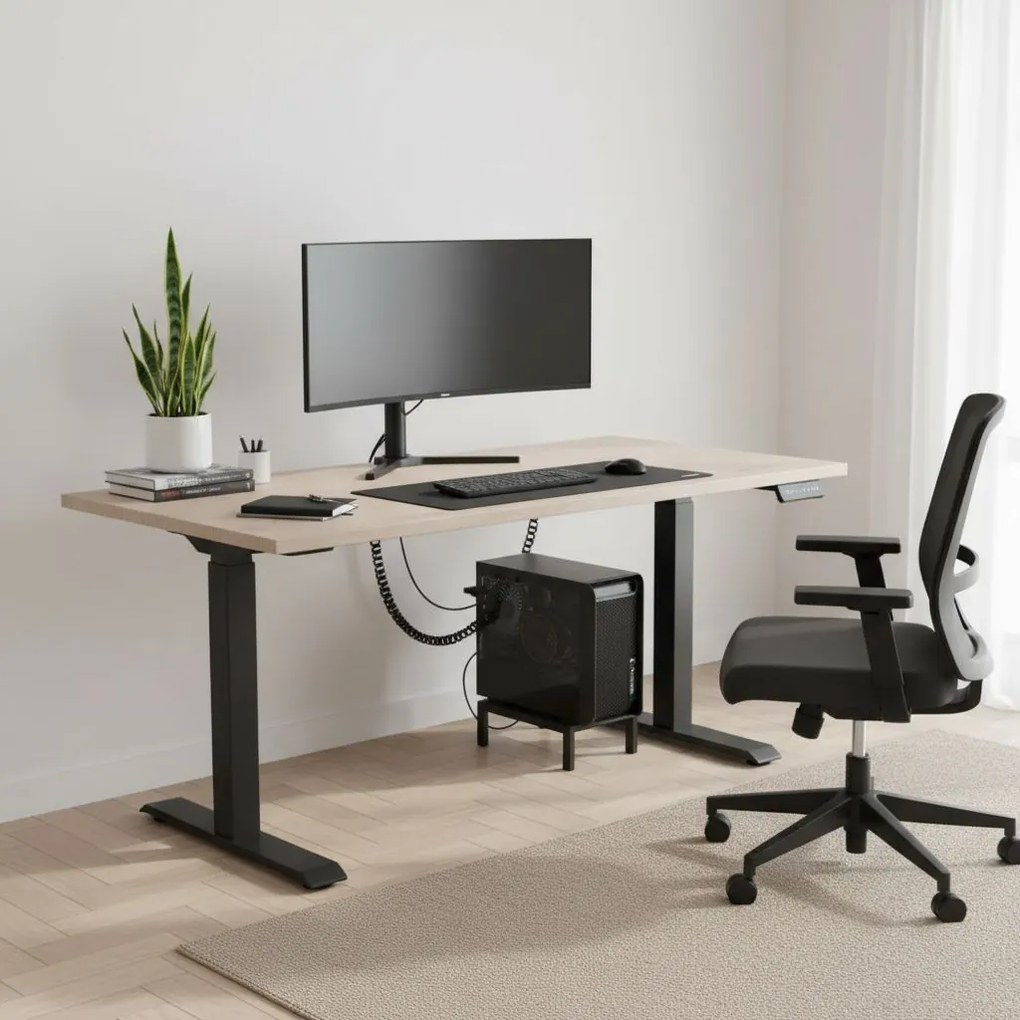 Výškově nastavitelný stůl OfficeTech D, 160 x 80 cm, černá podnož, dub