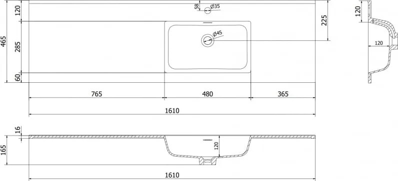 Mexen Otis, umyvadlo zapuštěné do desky, pravé, 161 × 46,5 cm, černá matná, 25181671P