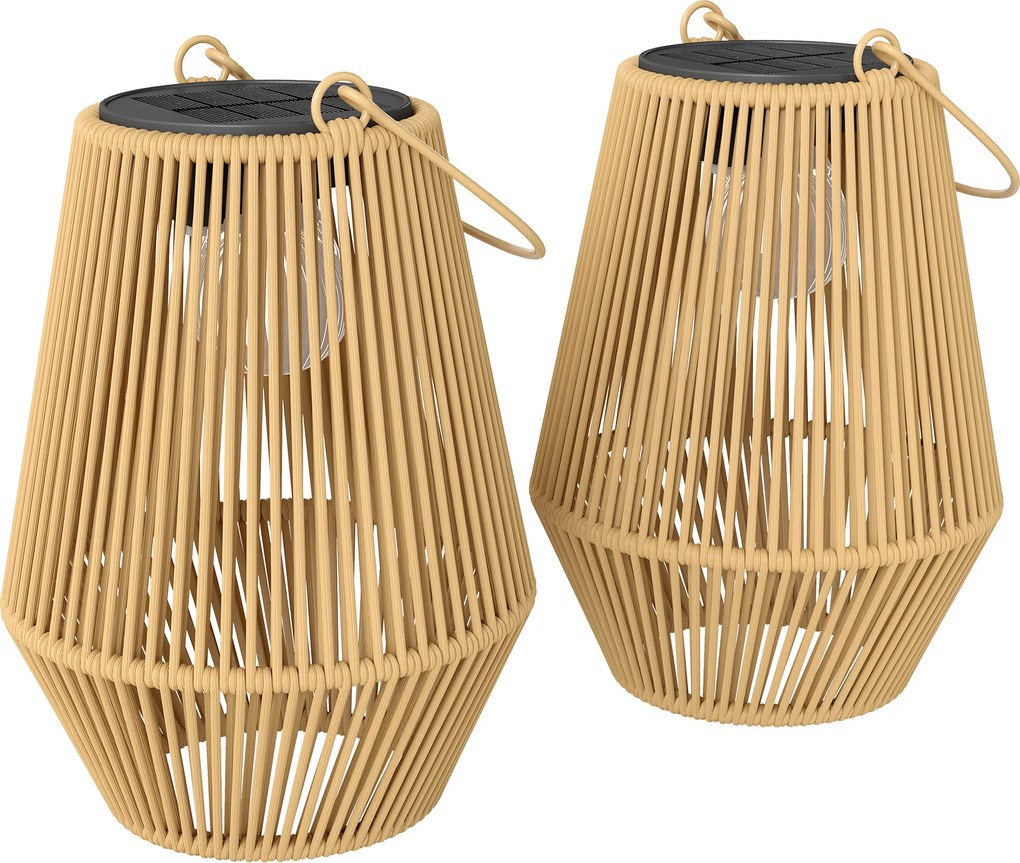 Outsunny Solární stojací lampa sada 2 ratanových závěsných solárních lamp se světelným senzorem IP44 vodotěsná solární lampa pro zahradu balkon hnědá