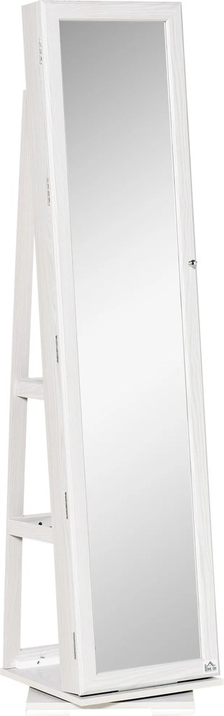 HOMCOM stojací zrcadlo na šperky, šperkovnice, 360° otočná šperkovnice se zámkem, zadní police a vestavěné malé zrcadlo 38x38x160 cm, bílá žilkovaná
