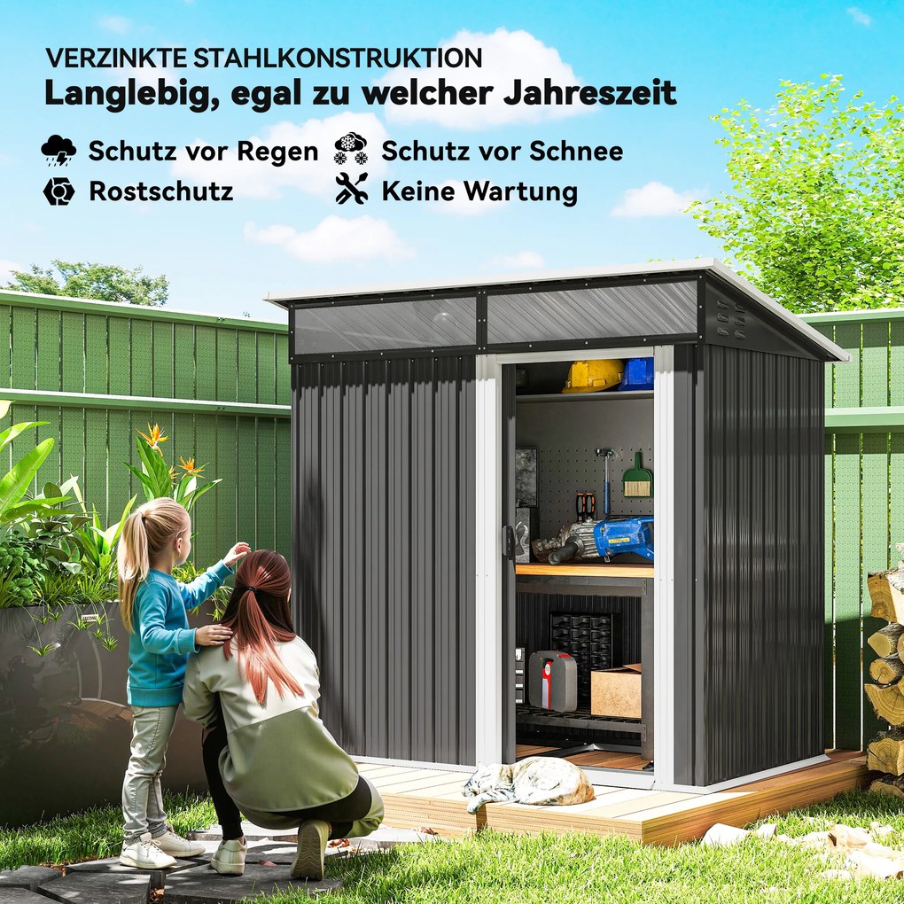 Outsunny Kovový Šopík 1,9m² 195x122x182cm Skladový Šop s Podlahou, Šikmou Střechou, Oknem, Posuvnými Dveřmi, Háčky, Rukavicemi, Odolný Proti Počasí p…