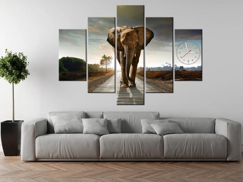 Gario Obraz s hodinami Osamělý silný slon - 5 dílný Rozměry: 150 x 70 cm