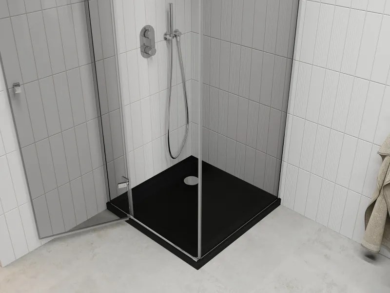 Mexen Roma, sprchový kout s křídlovými dveřmi 90 (dveře) x 90 (stěna) cm, 6mm čiré sklo, chromový profil + slim sprchová vanička černá + chromový sifon, 854-090-090-01-00-4070