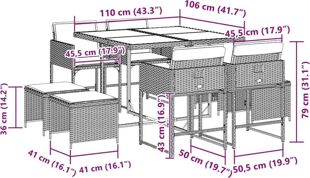 9dílný zahradní jídelní set s poduškami šedý polyratan 3211316
