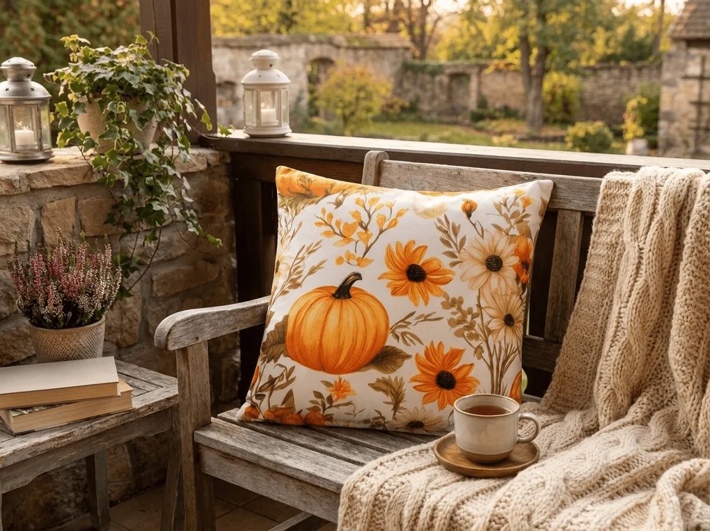 Povlak na polštář z mikrovlákna FLOWERS AND PUMPKINS 45x45 cm, oranžový
