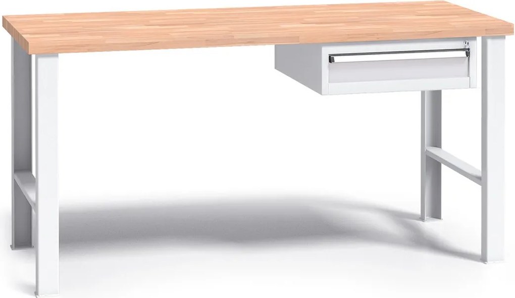 Pracovní stůl do dílny G3 se závěsným boxem na nářadí, buková spárovka, 1 zásuvka, pevné kovové nohy, 1500 mm, šedá