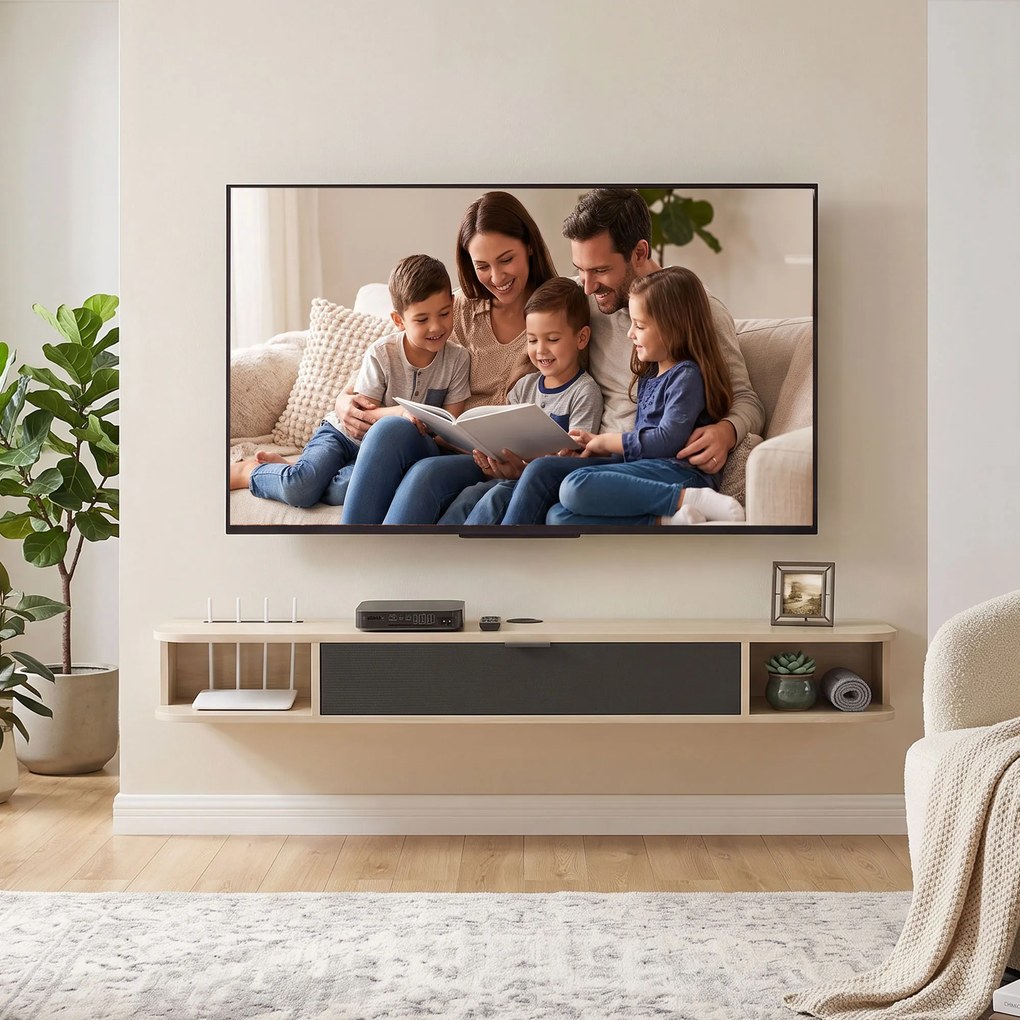 HOMCOM Závěsný TV nábytek, TV nábytek pro televize až do 152,4 cm (60 palců), výklopná zásuvka, 2 police, 140x24x16 cm, přírodní dřevo