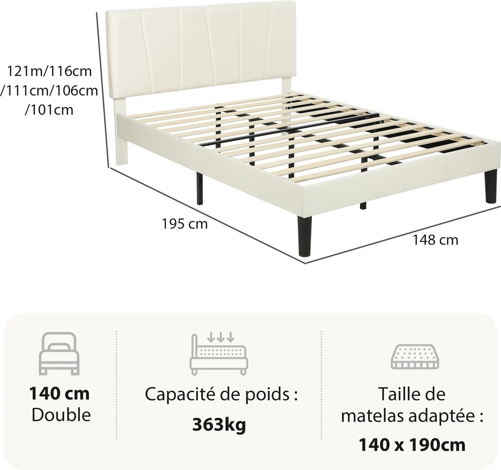 HOMCOM manželská postel 140 x 190 cm postel pro 2 osoby, nastavitelné čelo postele, lamelový rošt 150 x 198 x 101/106/111/116/121 cm, krémová