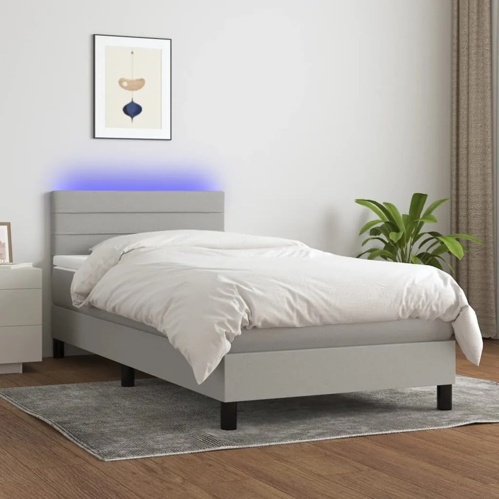 Box spring postel s matrací a LED světle šedá 90x190 cm textil