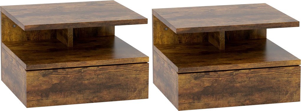 HOMCOM Sada 2 nástěnných nočních stolků, moderní noční stolky se šuplíkem a horní policí z dřeva, 35x32x22,5cm, rustikální hnědá | Aosom