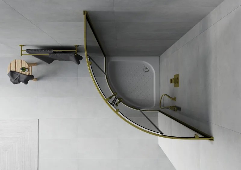 Mexen Rio, čtvrtkruhový sprchový kout s posuvnými dveřmi 80 (dveře) x 80 (dveře) x 190 cm, 5mm šedé sklo, zlatý profil + bílá sprchová vanička RIO, 863-080-080-50-0-4710