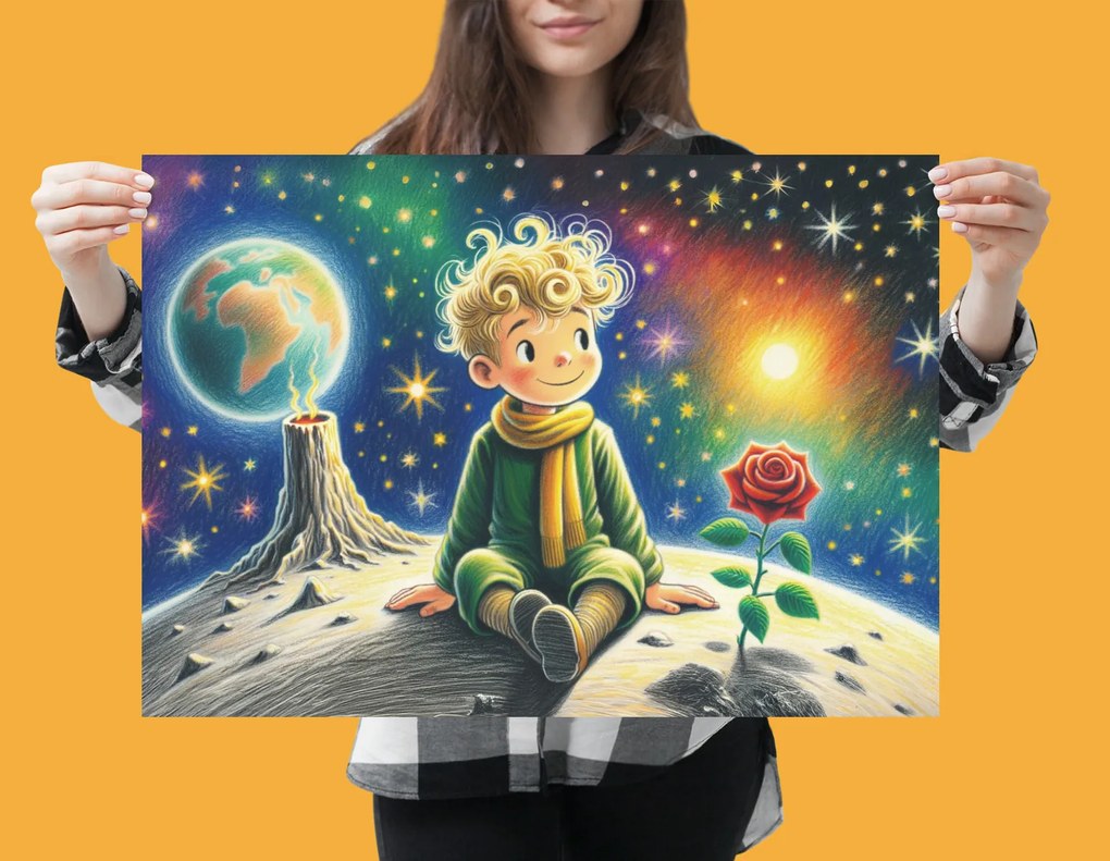 Plakát - Malý princ sedí zamyšlený na své planetce FeelHappy.cz Velikost plakátu: A1 (59,4 × 84 cm)