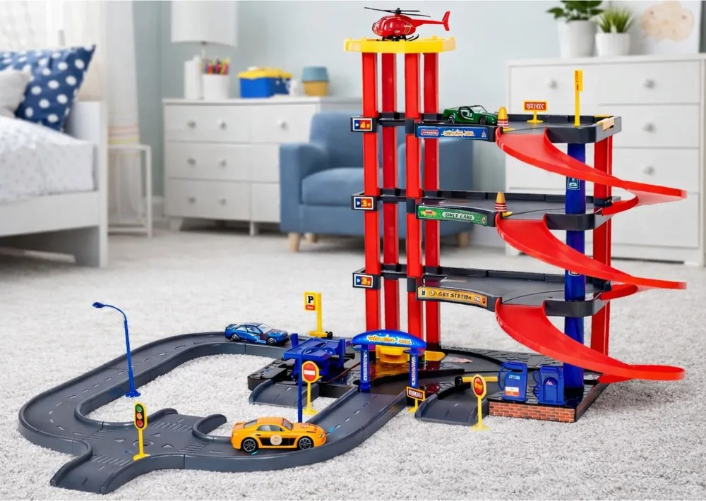 LEAN Toys Vícepodlažní parkoviště, 4 podlaží, s výtahem, vrtulník, autíčka, 70 dílů