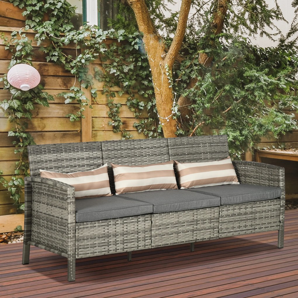 Třímístná zahradní ratanová pohovka Outsunny s polštáři, ocelový rám, šedá barva, 173 x 68 x 78 cm, ideální na terasu a balkon |
