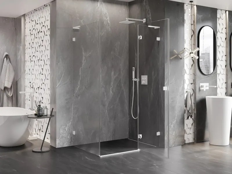 Mexen Lunar, L pravý výklopný sprchový kout 95 x 70 cm, 8mm čiré sklo, bílý profil, 834L-095-070-20-00-P