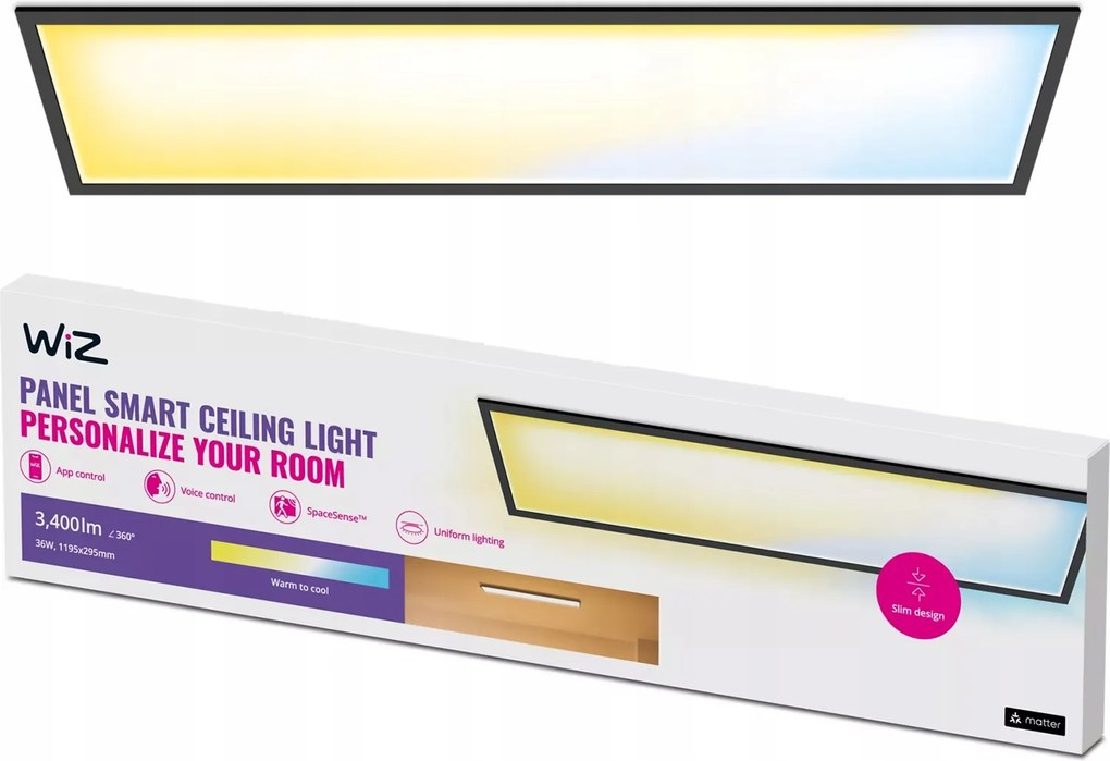 Led panel Nástěnný 120x30 Stropní Svítidlo Kaseton 36W Černá Smart WiFi WiZ