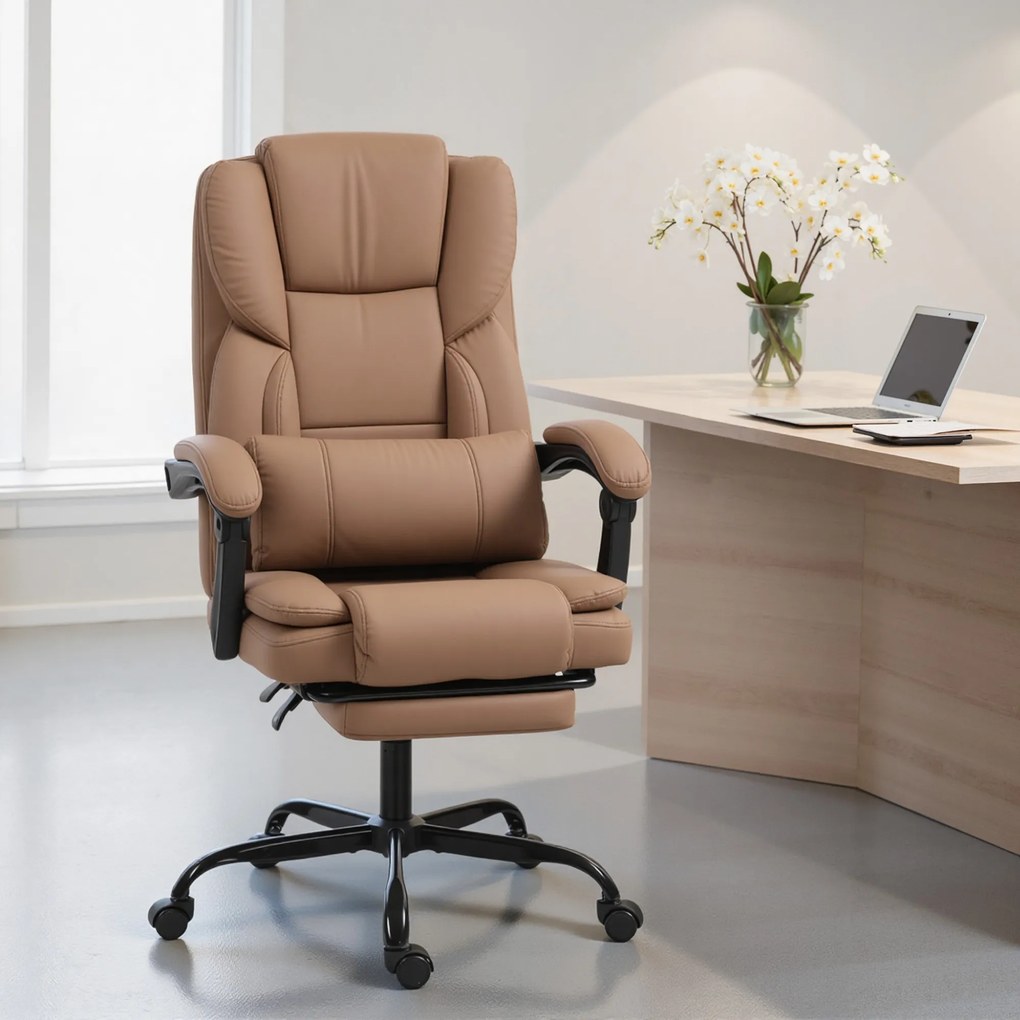 HOMCOM ergonomická kancelářská židle s opěrkou nohou — nastavitelná výška, bederní opora, 360° otáčení, eko-kůže přátelská k mazlíčkům, hnědá