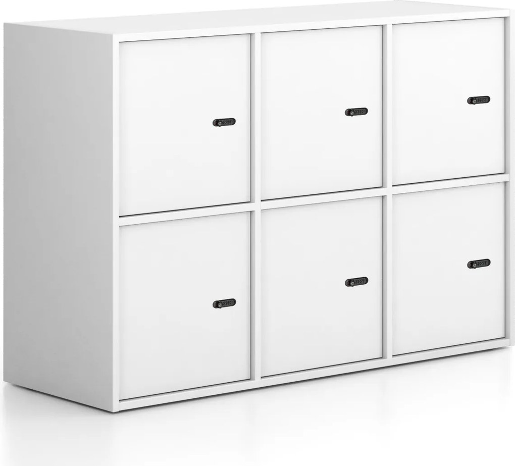 Kancelářská skříň FRAME, nízká, 6x dveře, 1299 x 450 x 881 mm, mechanický kódový zámek, bílá