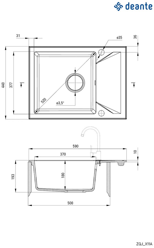 Deante Evora, granitový dřez na desku 590x440x193 mm Z/KO, 3,5" + prostorově úsporný sifon, 1-komorový, černá, ZQJ_N11A