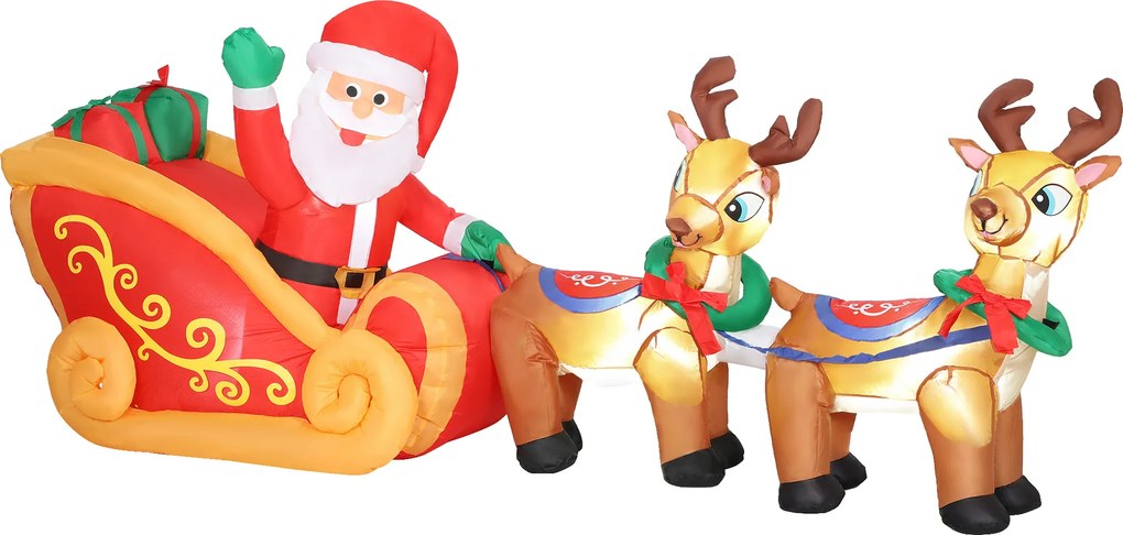 Outsunny Nafukovací vánoční dekorace, Santa Claus v saních tažených soby, polyester