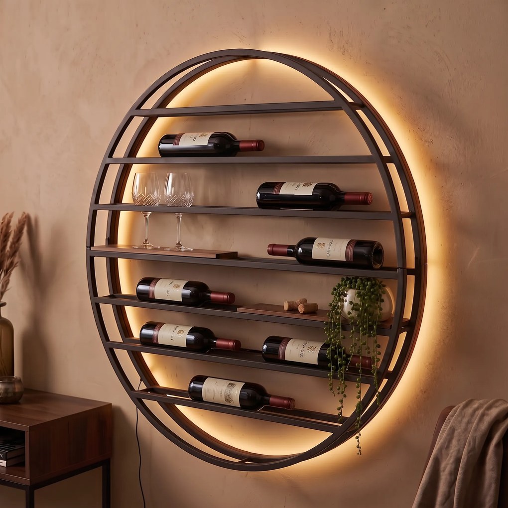 Moderní nástěnné svítidlo černé s kulatým dřevěným detailem a integrovanou LED - Wine Rack
