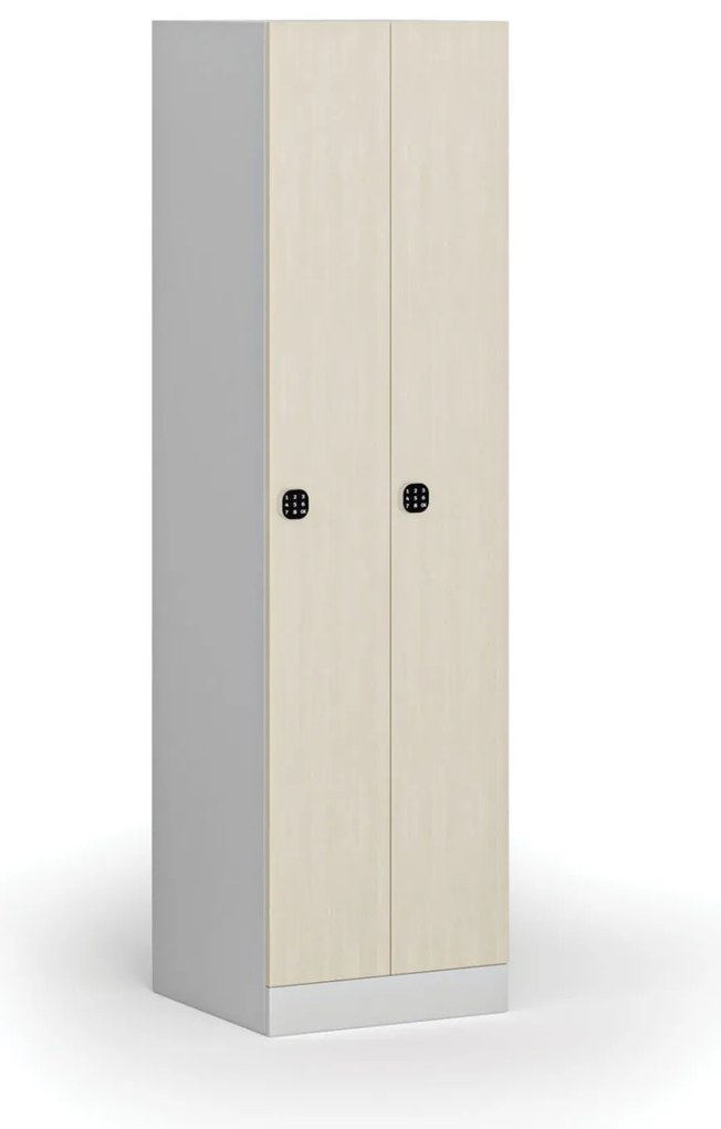 Zúžená kovová šatní skříňka S1, 2 oddíly, 1850 x 500 x 500 mm, kódový zámek, laminované dveře, bříza