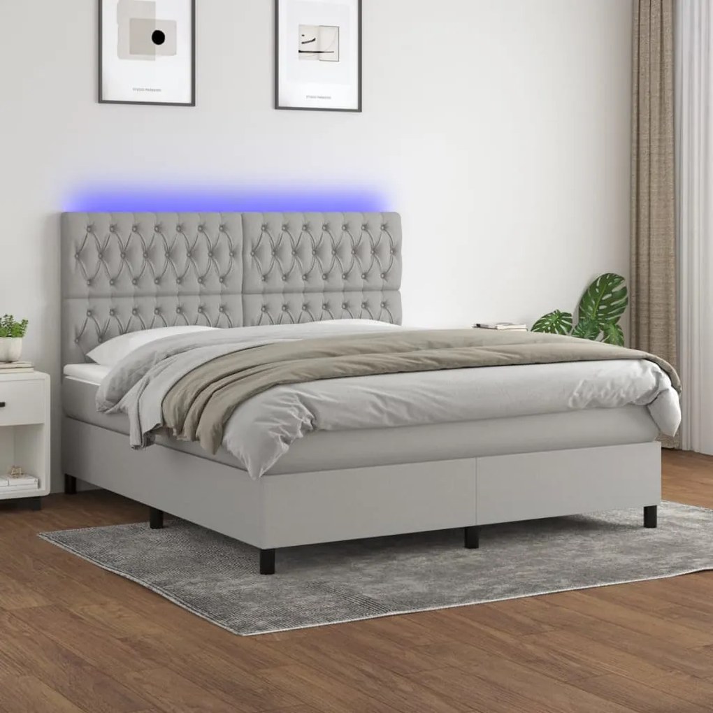 Box spring postel s matrací a LED světle šedá 180x200 cm textil