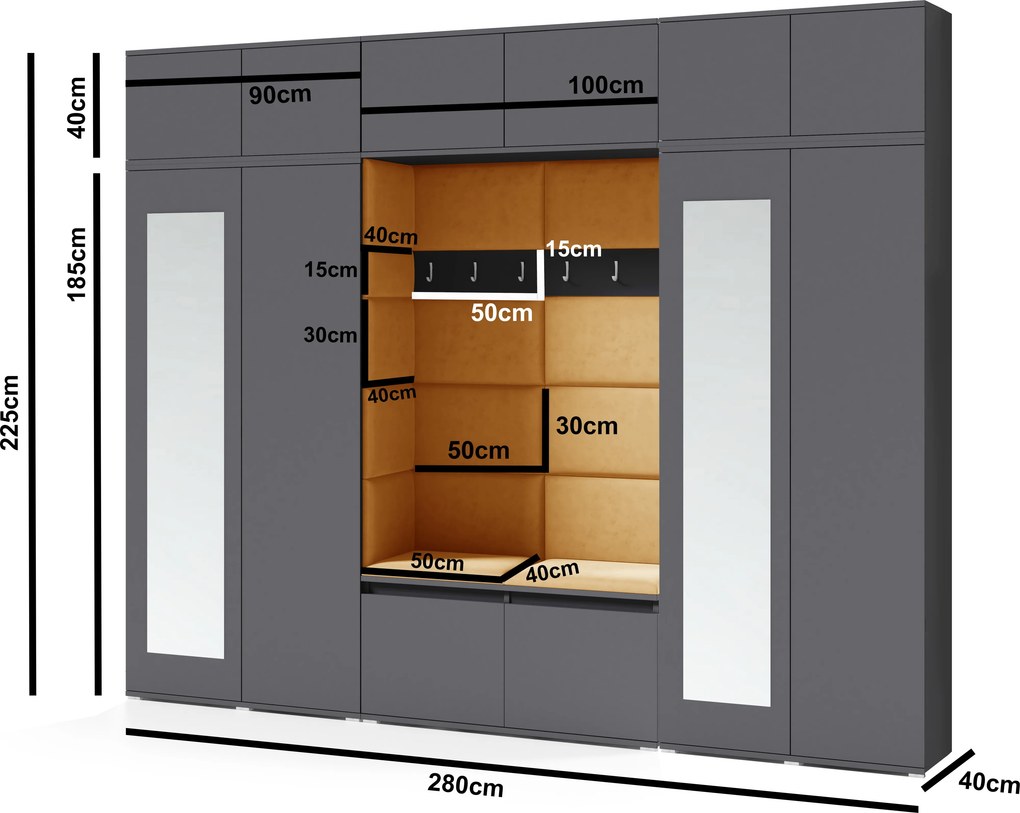 Eka Předsíňová stěna s čalouněnými panely Trinity 17 - Grafit / Krémová bílá 2301