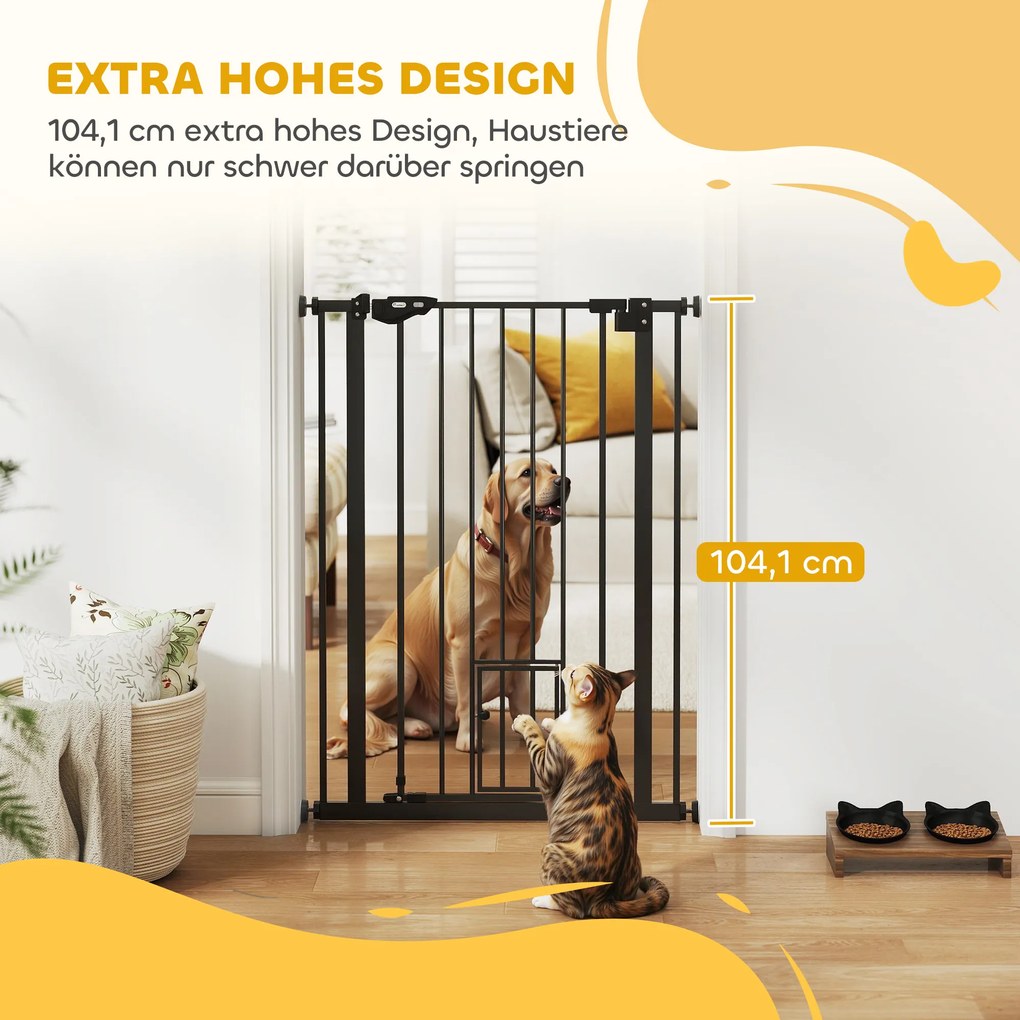 Dveřní mříž PawHut pro psy s dvojitým zámkem, nastavitelná délka 74-80x104cm, automatický zámek dveří, montáž bez vrtání, černá