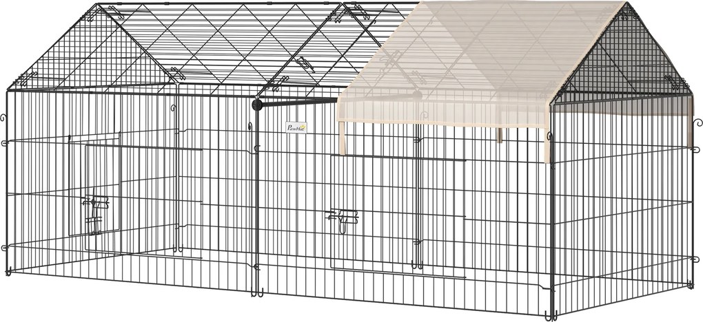 Venkovní výběh PawHut s ochranou proti slunci pro malá zvířata 220 x 103 cm, kovová králíkárna v béžové a černé barvě