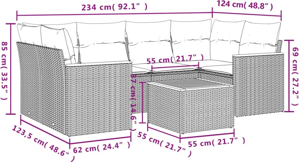 7dílná zahradní sedací souprava s poduškami černá polyratan 3258198