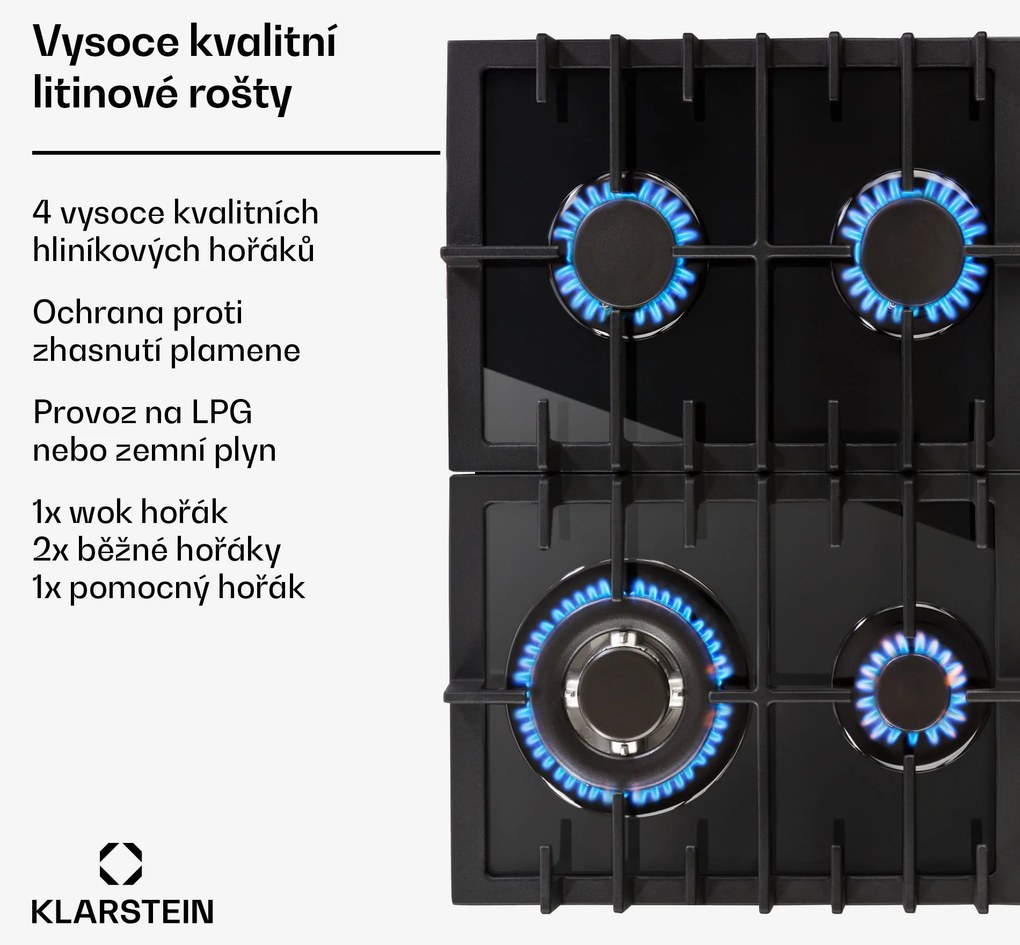 Klarstein Ignito 4, plynová varná deska, 4 hořáky Sabaf, sklokeramika, černá