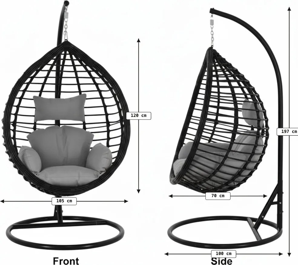 Závěsné křeslo TARINO se stojanem, černé/šedý polštář
