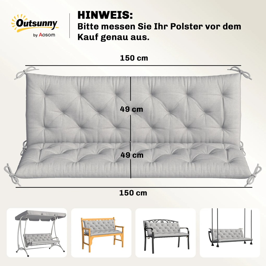 Outsunny Polštář na lavici pro 3 osoby 150x98x8 cm, Polštář s popruhy, Sedací polštář, Venkovní/ Vnitřní polštář na židli, Sedací podložka, Polštář n…