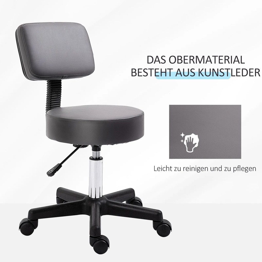 HOMCOM Rolovací stolička Výškově nastavitelná pracovní stolička s opěradlem, otočná salonní stolička z imitace kůže Šedá Ø35 x 72-84 cm pro masáže a …