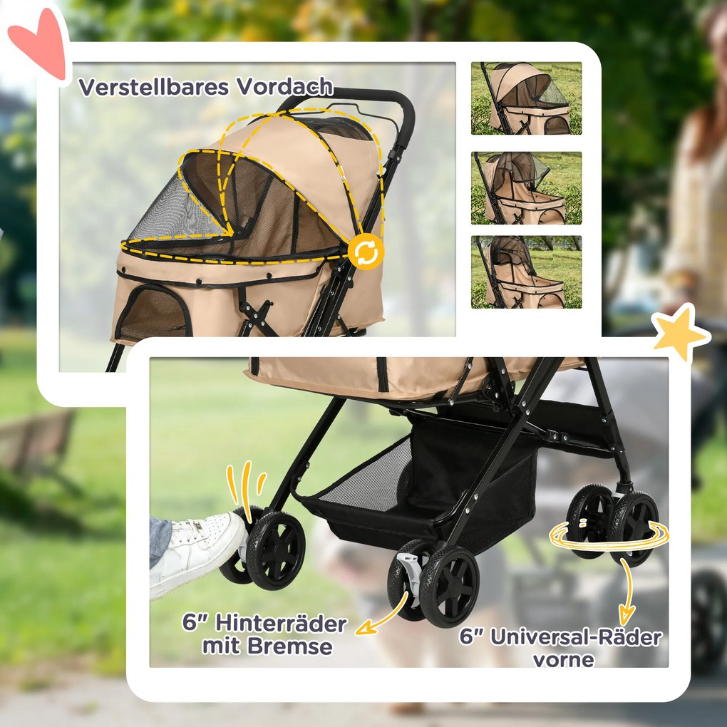PawHut kočárek pro malé psy a kočky, kočárek pro domácí mazlíčky Oxford světle hnědý 76,5 x 52 x 95 cm, pohodlný a mobilní