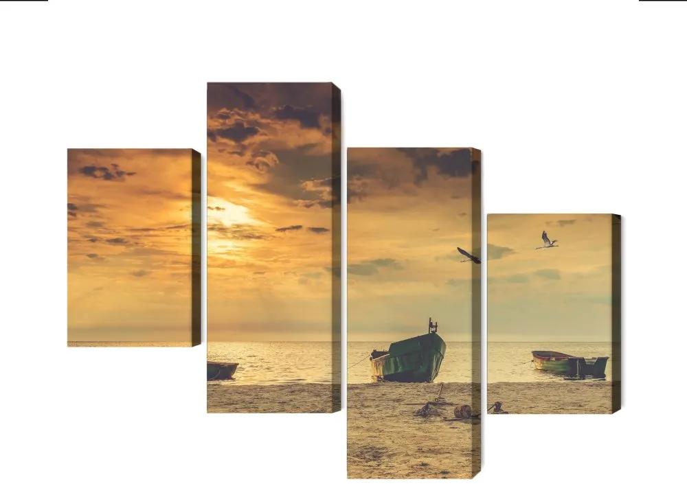 Vícedílný obraz Lodě Na Pláži Při Západu Slunce Nedostatek Nedostatek Plátno Canvas 80x50
