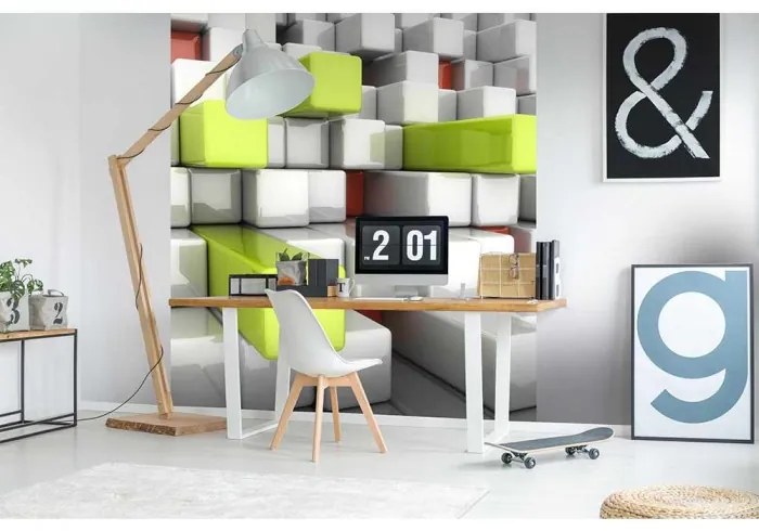 DIMEX | Vliesová fototapeta na zeď 3D kostky MS-3-0286 | 225 x 250 cm | bílá, šedá, zelená, červená