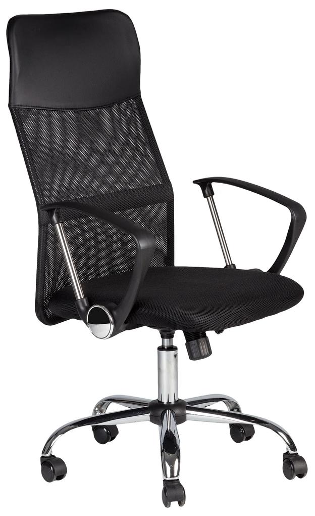 Otočná kancelářská židle, chromové nohy, vysoký opěrák, černá barva