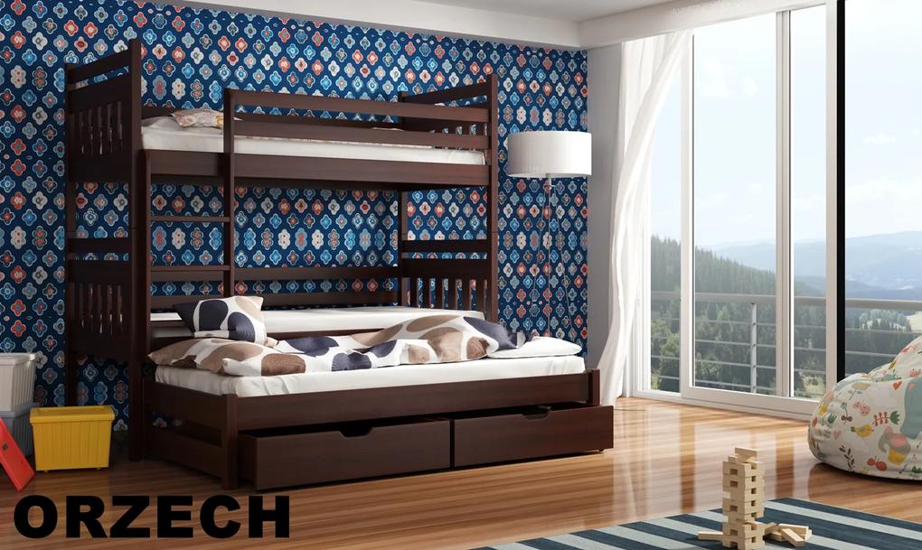 Patrová postel SEWERYN 90x200 cm s přistýlkou a úložným prostorem OŘECH