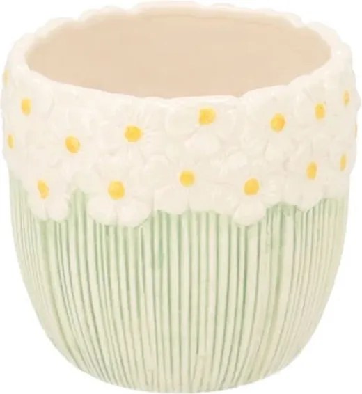 Bílo-zelený obal na květináč s reliéfem květů Jane Flower - Ø 10*9 cm