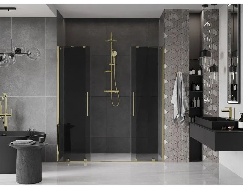Mexen Velar Duo, posuvné sprchové dveře do otvoru 170 cm, 8mm šedé sklo, zlatá lesklá, 871-170-000-42-50