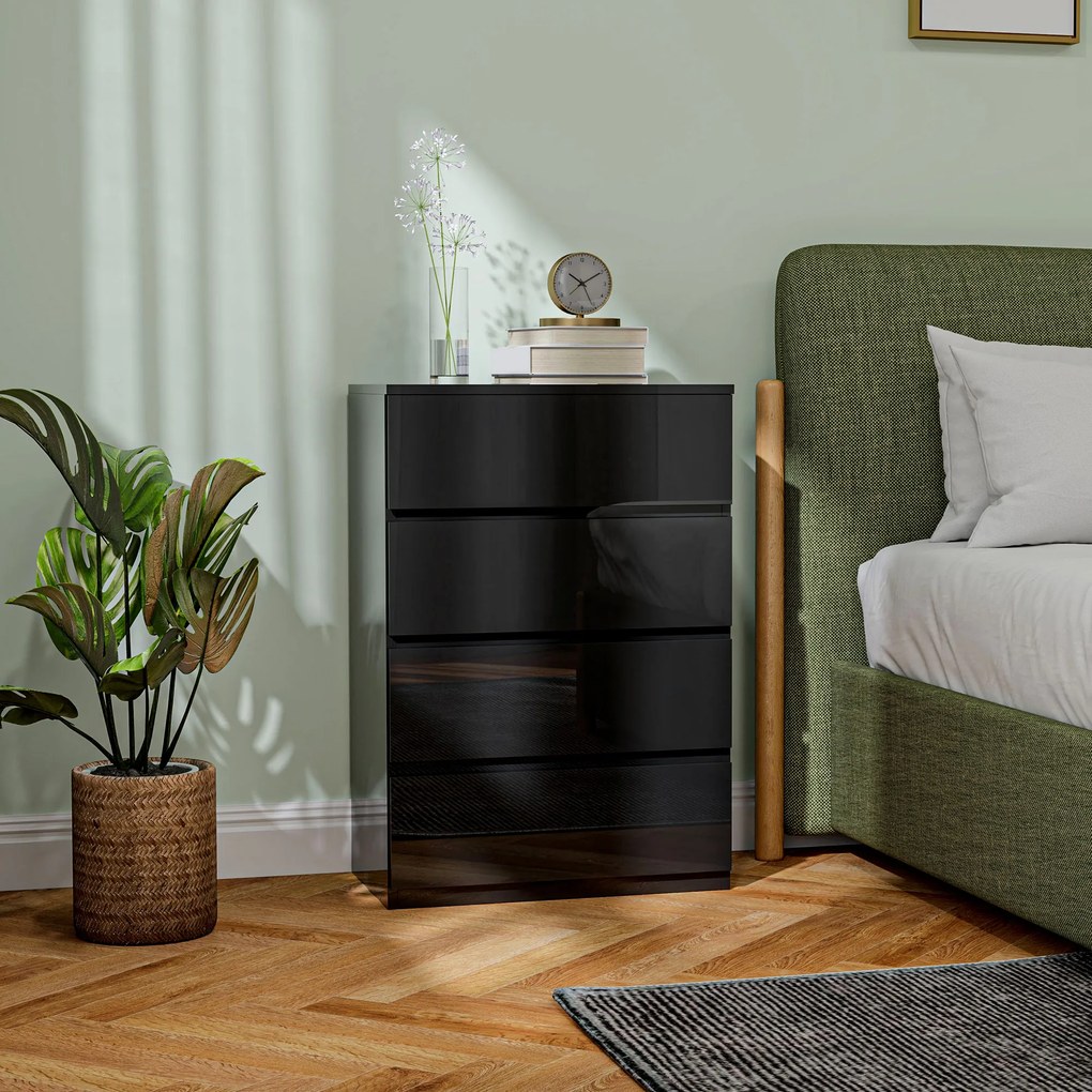 HOMCOM Moderní komoda se 4 šuplíky, design proti převrhnutí, do obývacího pokoje a chodby 55x34x80 cm lesklá černá