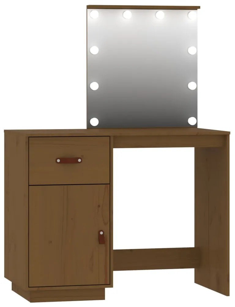 vidaXL Set toaletního stolku s LED medově hnědý masivní borovice